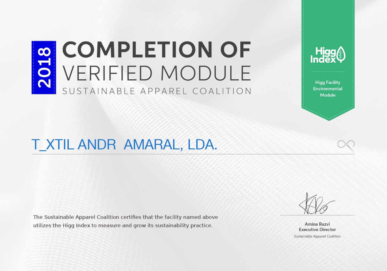 HIGG INDEX CERTIFICATE | Têxtil André Amaral, Lda